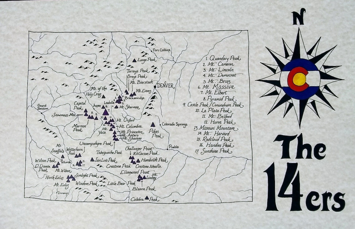 Colorado 14ers Hand Drawn Map - Etsy