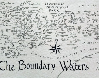 Hand Painted Map of the Boundary Waters Canoe Area, Rainy Lake to Lake ...