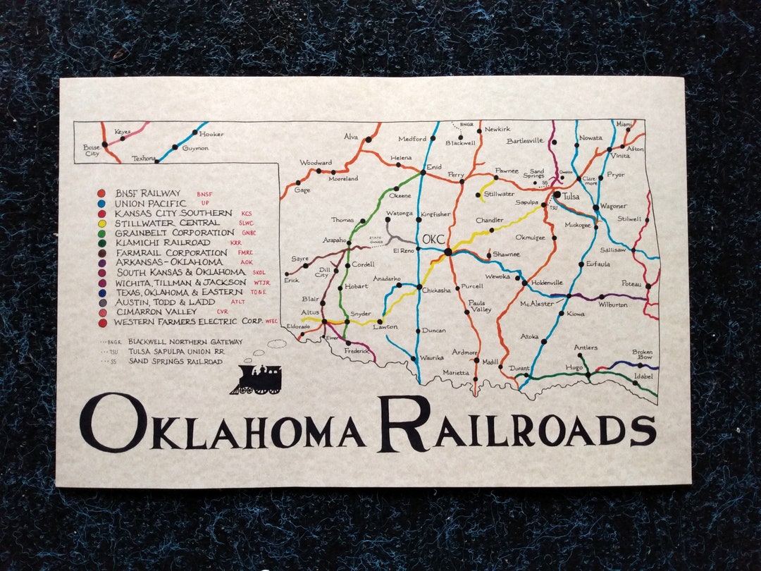 Oklahoma Railroads Map Hand Drawn - Etsy