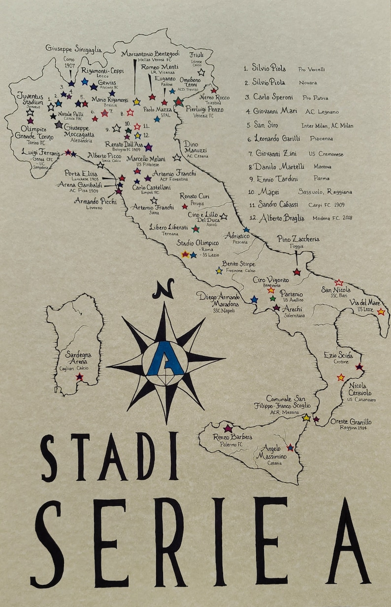 Serie A Stadiums Map - Etsy