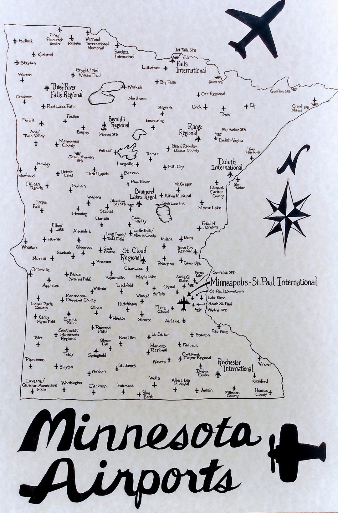 Minnesota Airports Map 11x17 In - Etsy