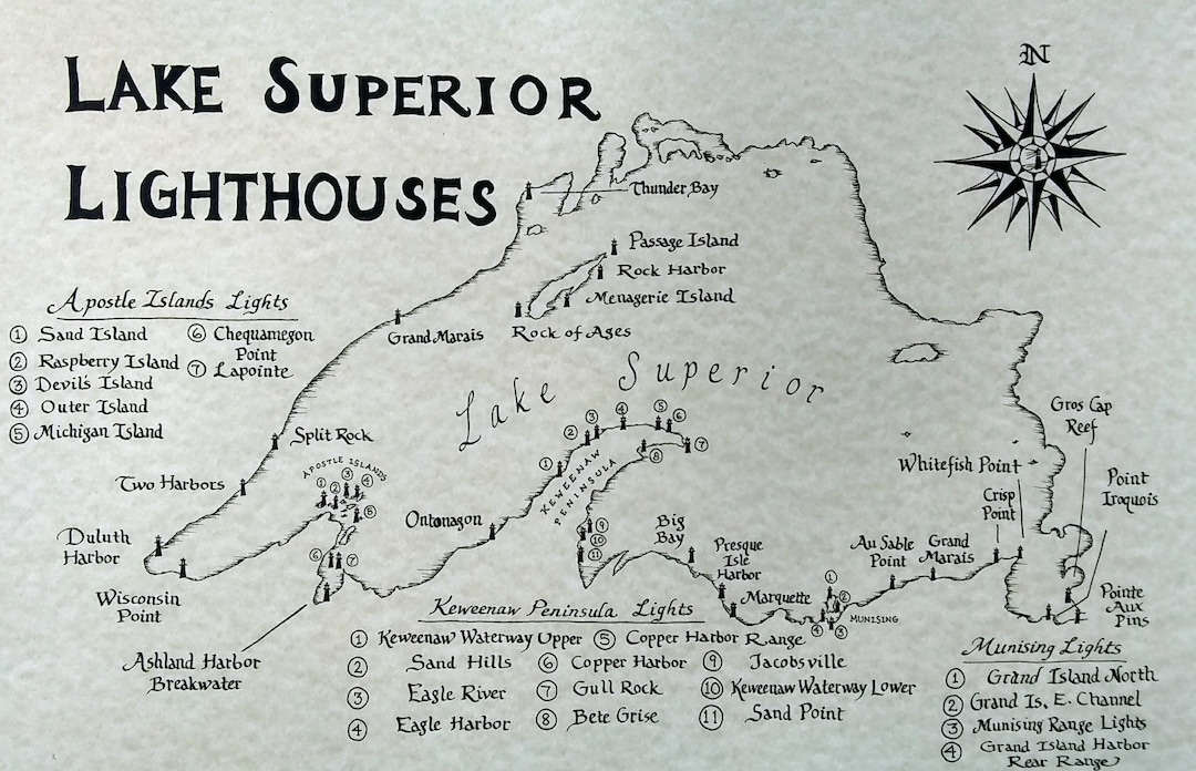 Lake Superior Lighthouses Map - Etsy