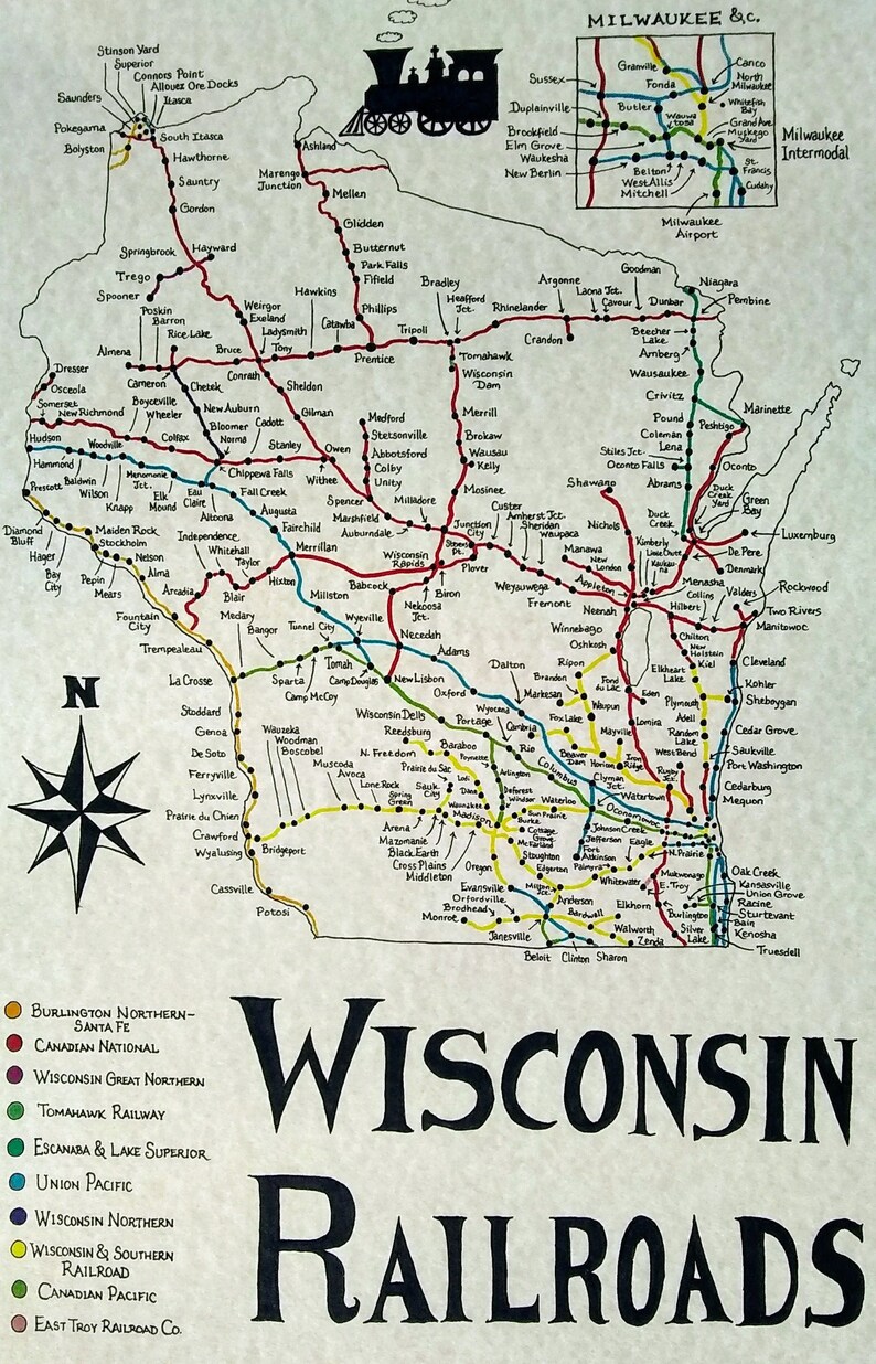 Wisconsin Railroads Map - Etsy