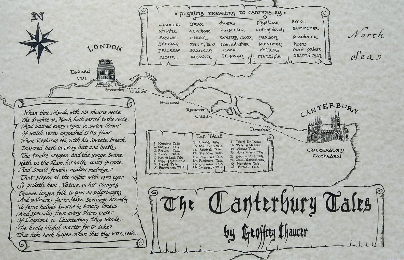 Canterbury Tales Hand Drawn Map - Etsy