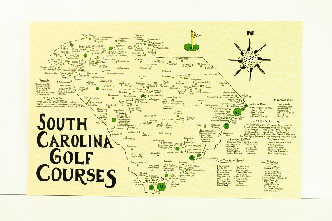 South Carolina Golf Courses Map - Etsy