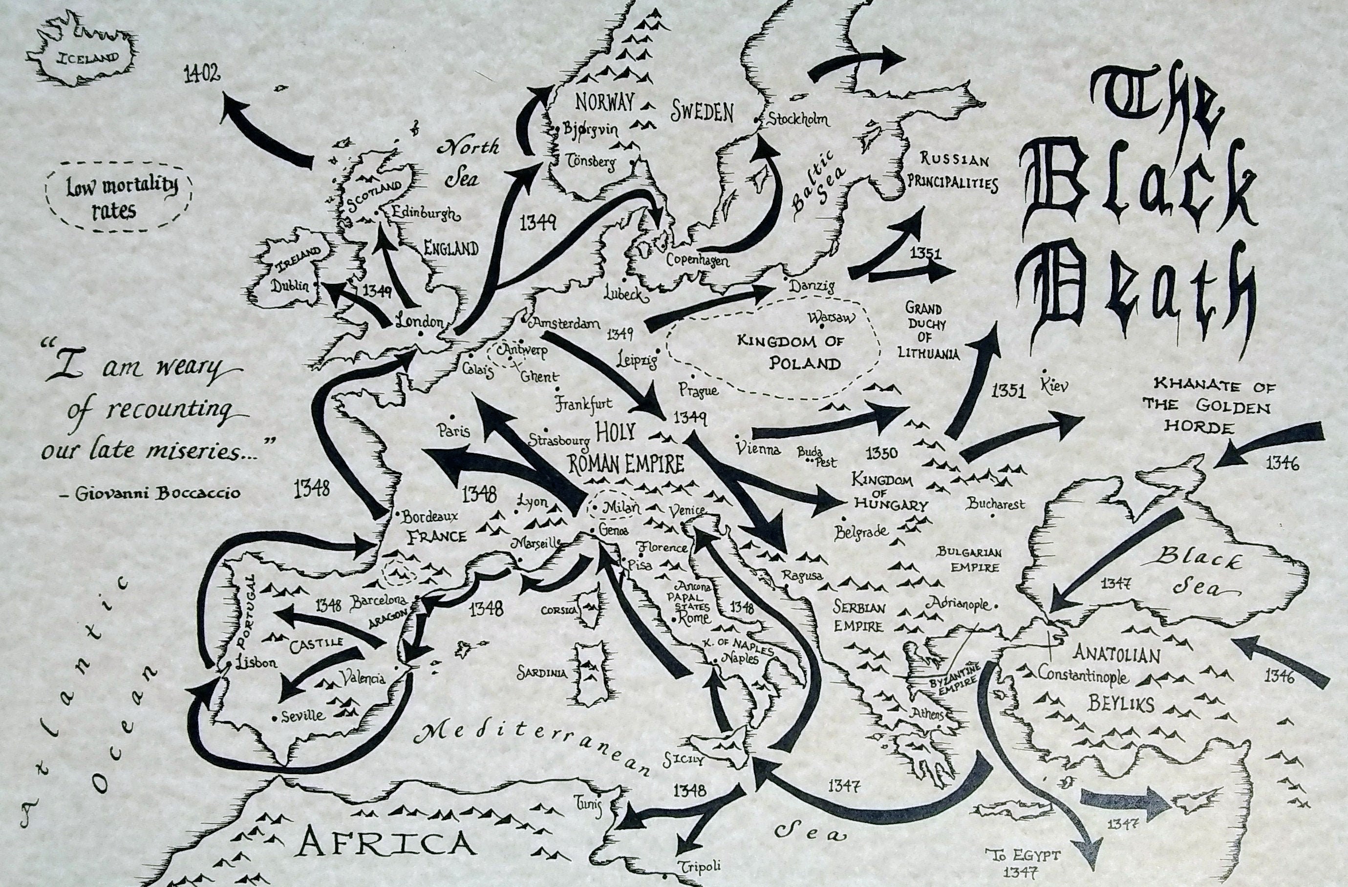 Black Death Hand Drawn Map - Etsy