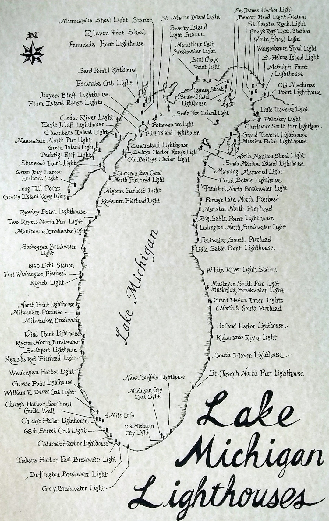 Lake Michigan Lighthouses Map - Etsy