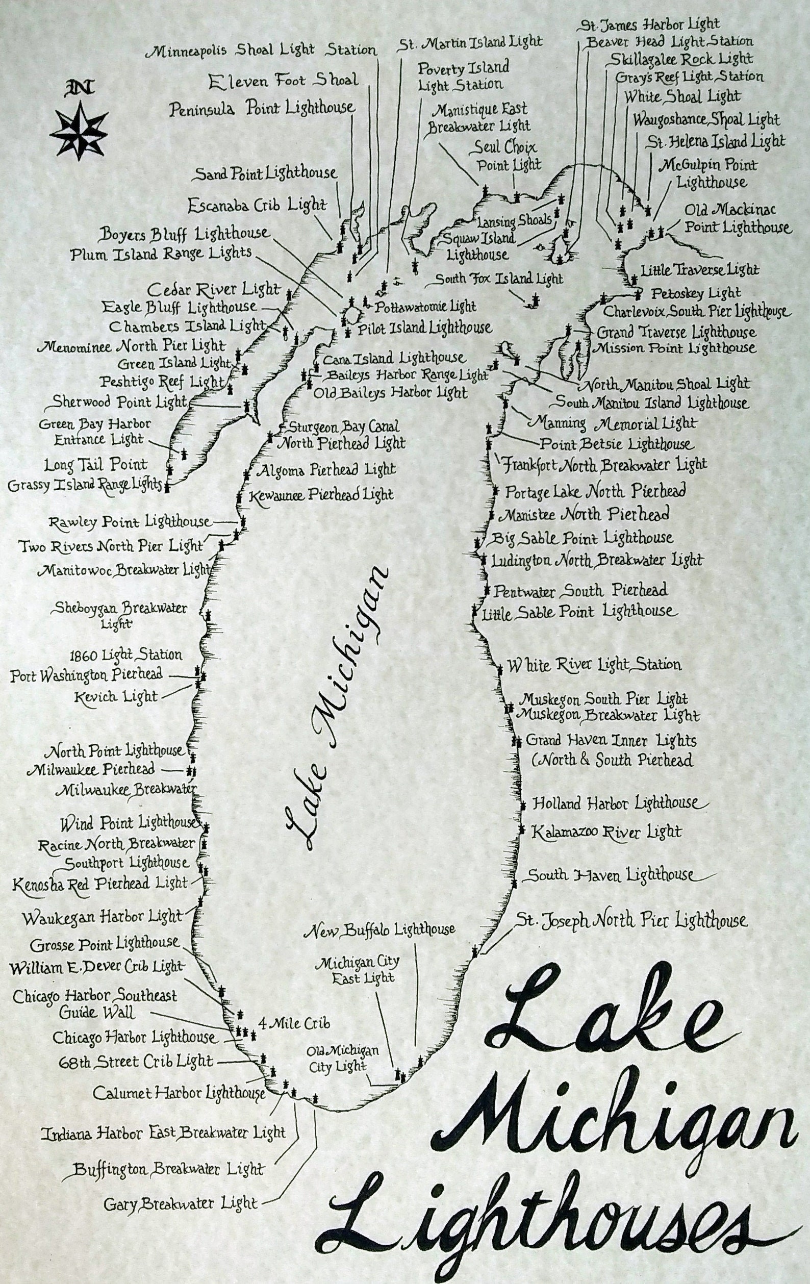 Lake Michigan Lighthouses Map - Etsy