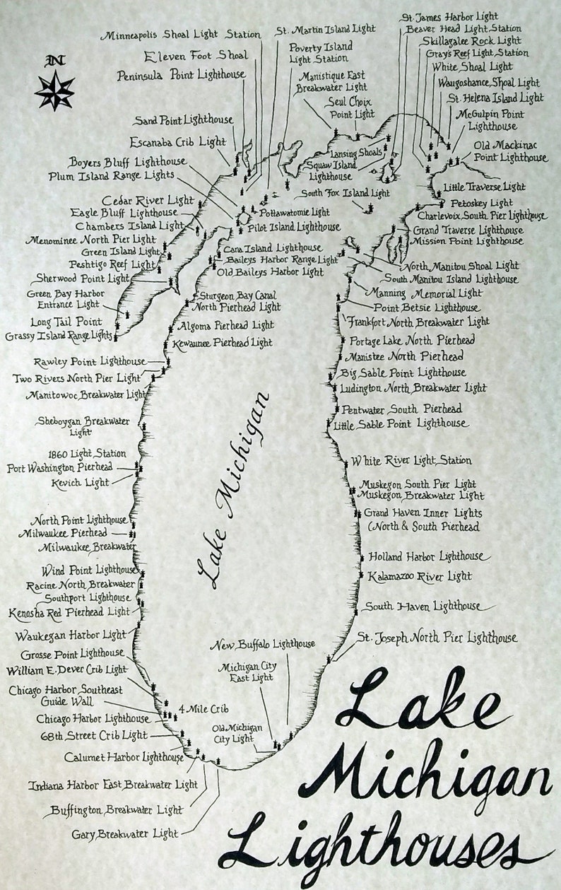 Lake Michigan Lighthouses Map - Etsy