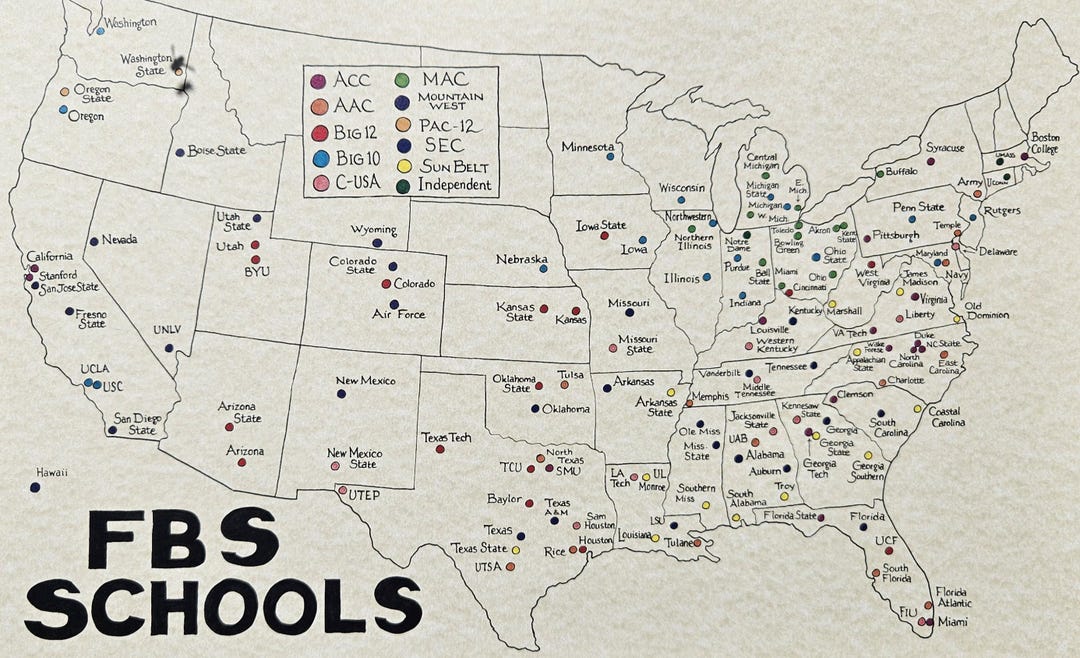 College Football Schools Map 11x17 - Etsy