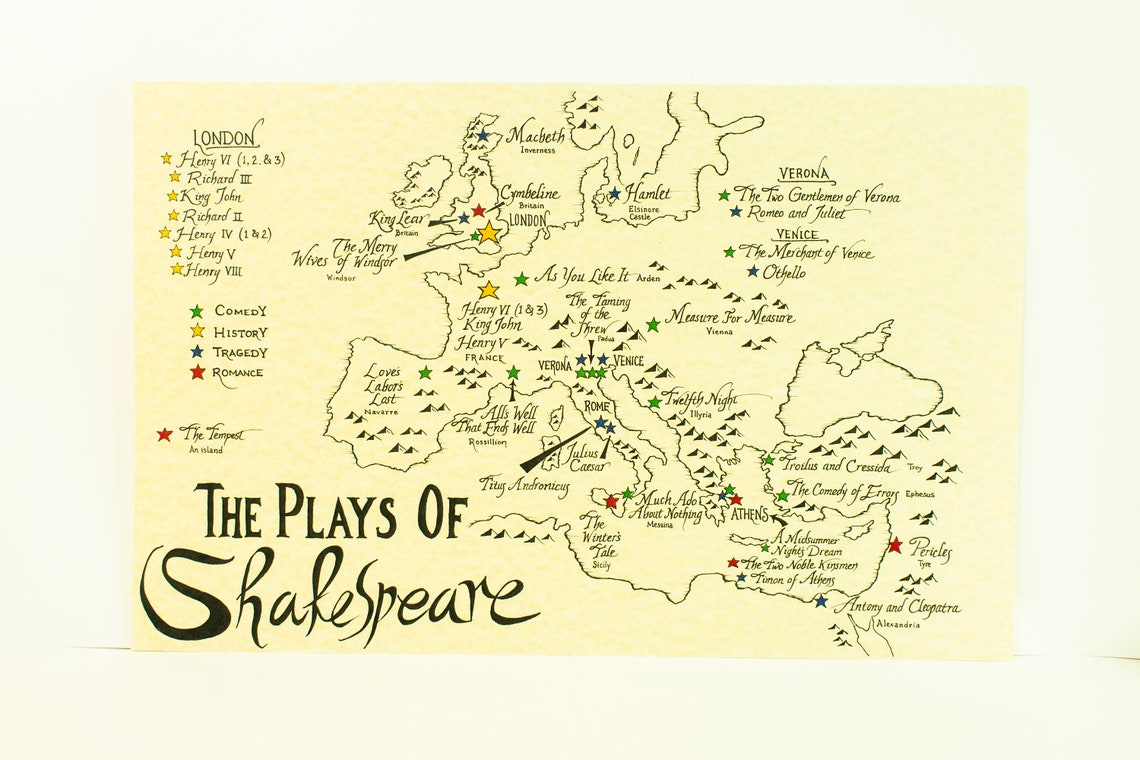 Shakespeare Plays Hand Drawn Map - Etsy