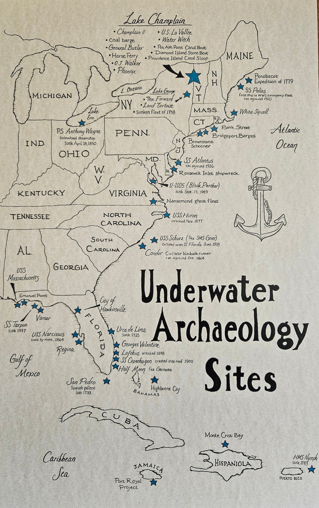 Underwater Archaeology Map Hand Drawn (east Coast) - Etsy