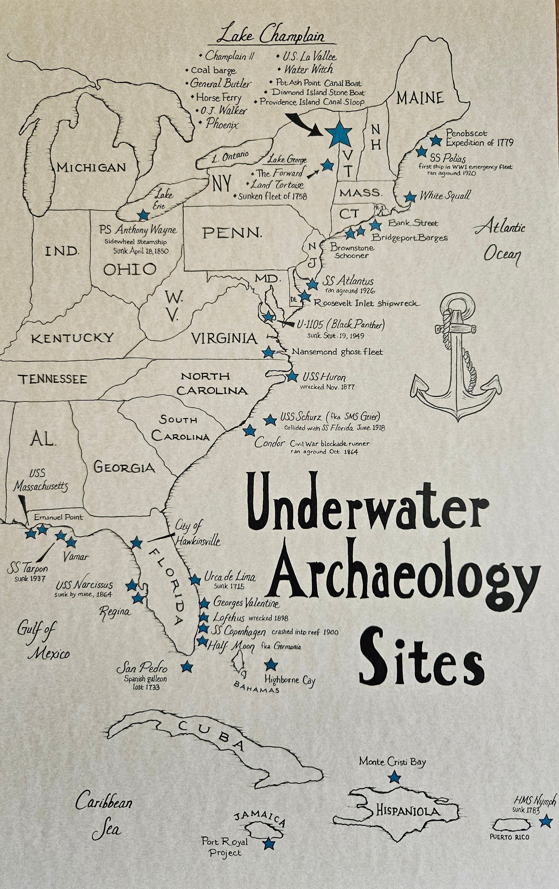 Underwater Archaeology Map Hand Drawn (east Coast) - Etsy