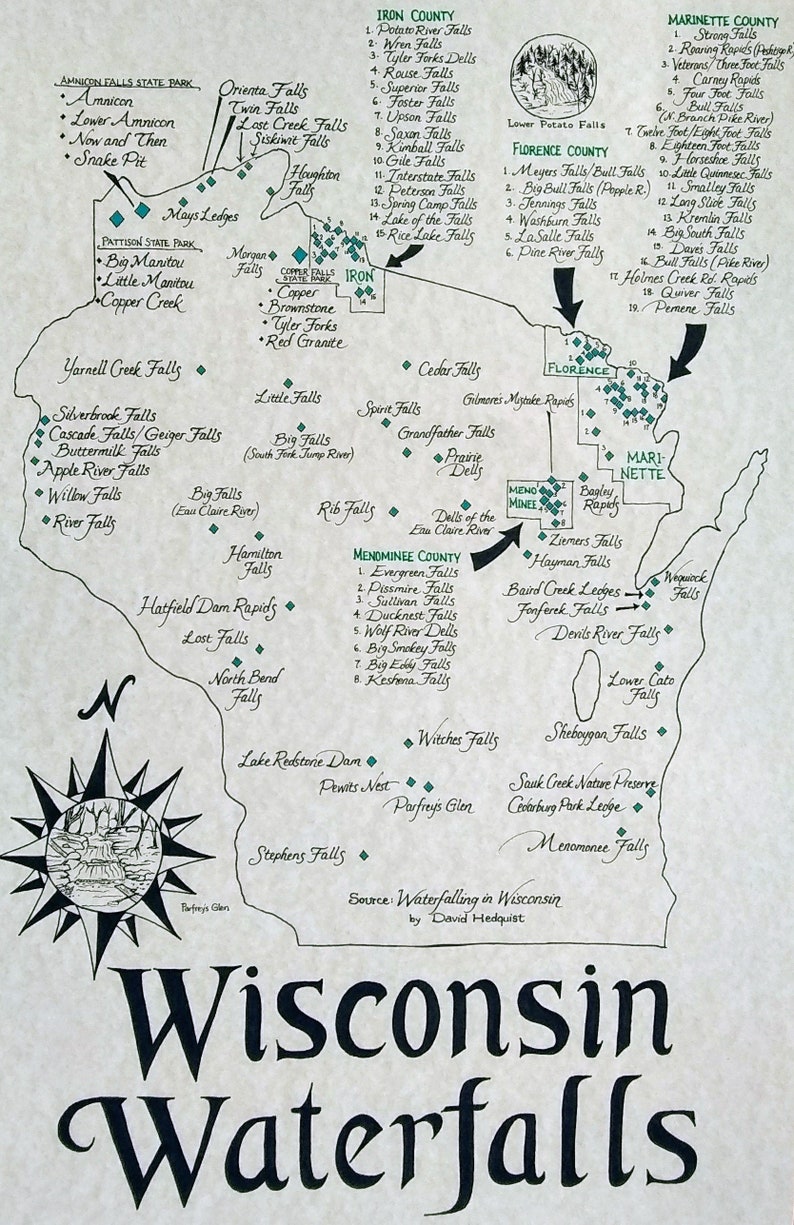 Wisconsin Waterfalls Map - Etsy