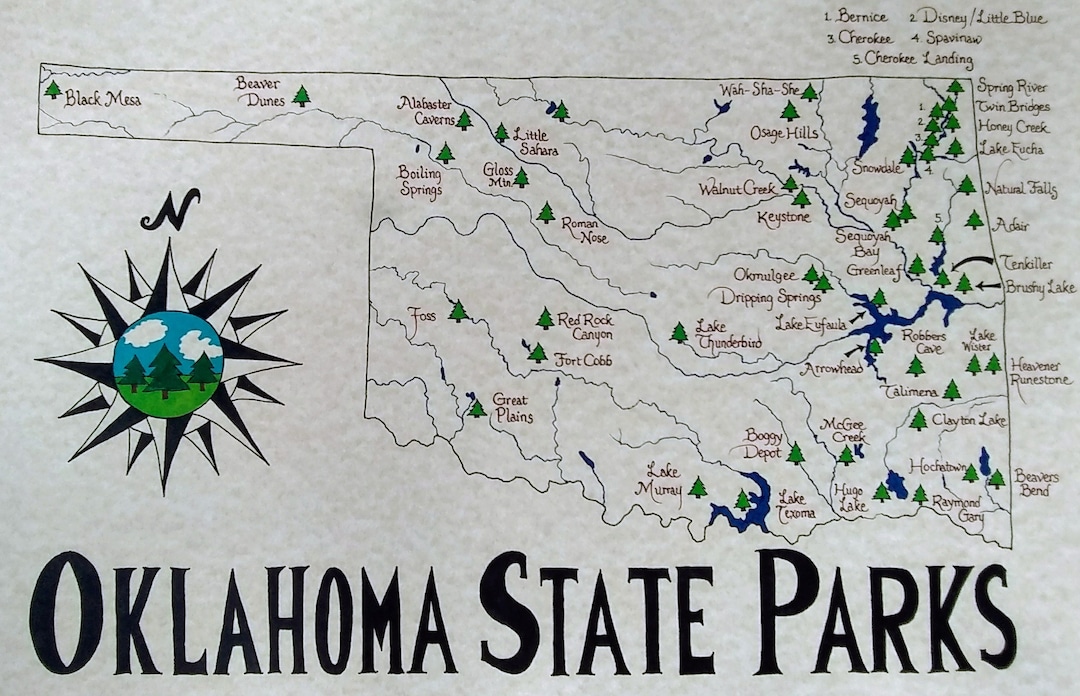 Oklahoma State Parks Map Hand Drawn - Etsy