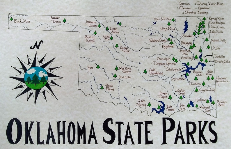 Oklahoma State Parks Map Hand Drawn - Etsy