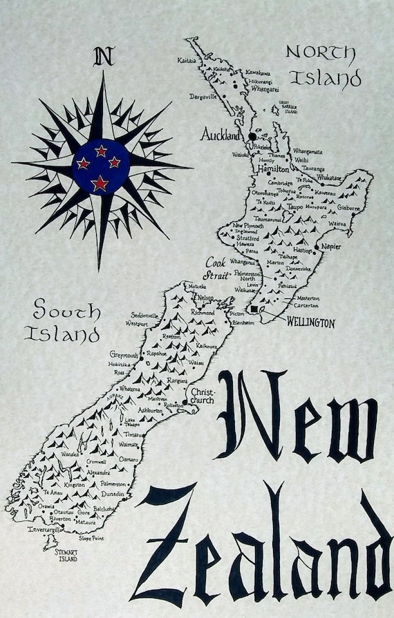 New Zealand Map Hand Drawn - Etsy