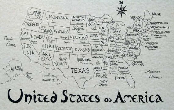 USA Map With Capitals - Etsy