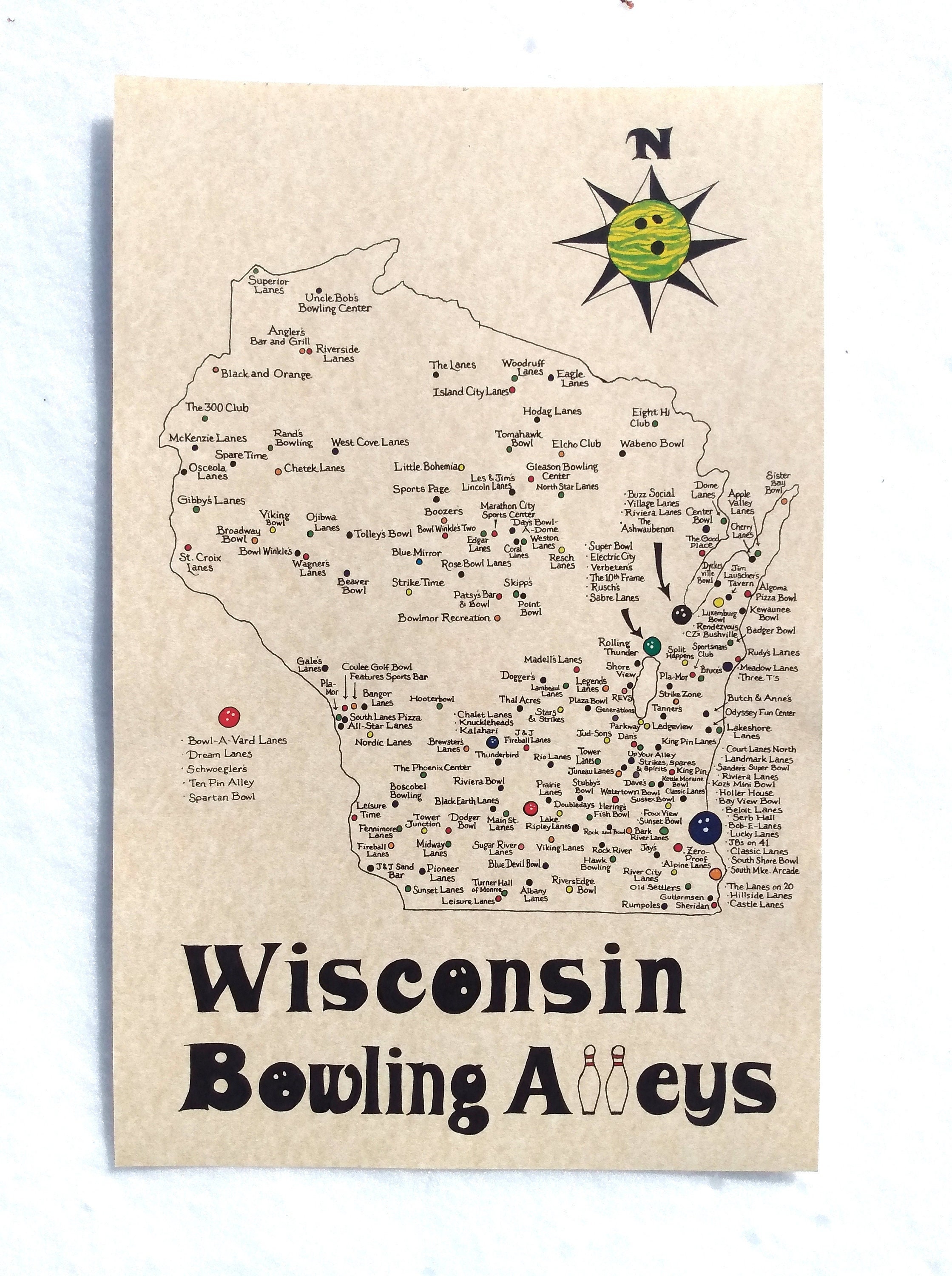 Wisconsin Bowling Alleys Map - Etsy