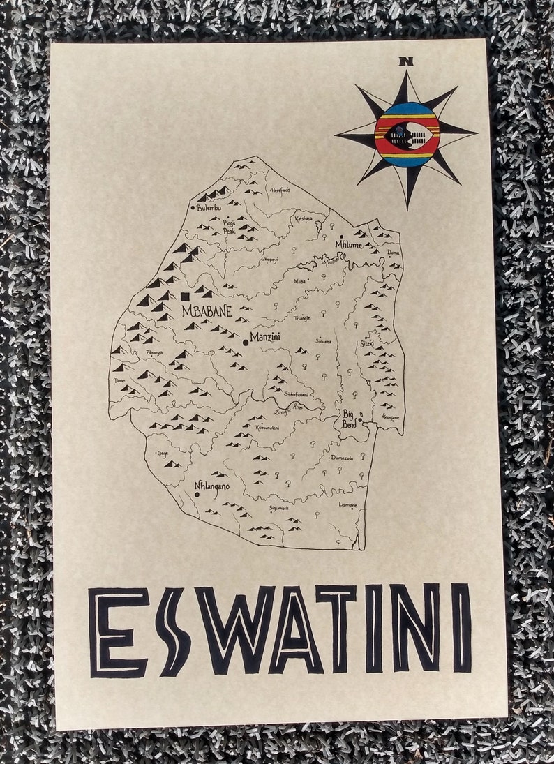 Eswatini Hand Drawn Map 11x17 - Etsy