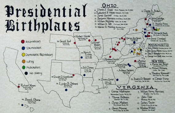Presidential Birthplaces map hand drawn | Etsy