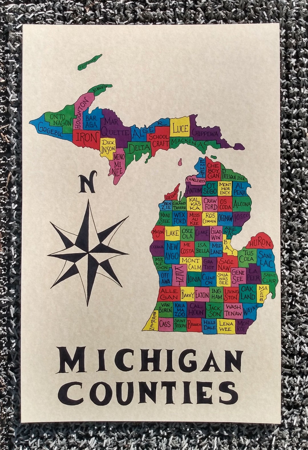 Michigan Counties Map 11x17 - Etsy