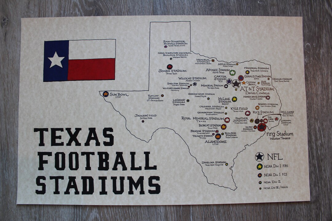 Texas Football Stadiums Map - Etsy