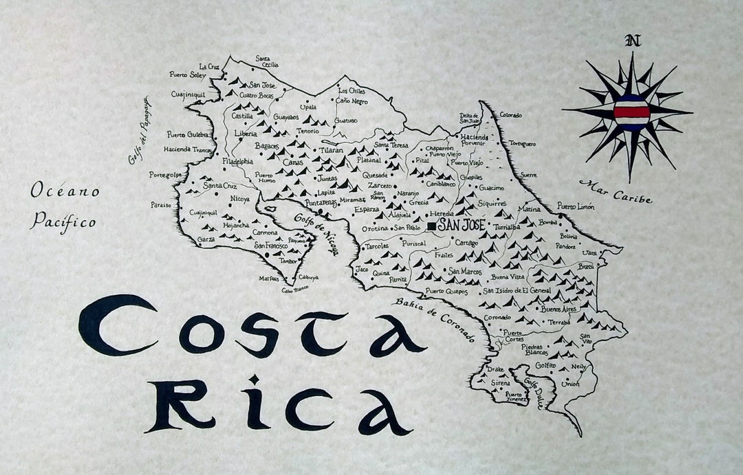 Costa Rica Hand Drawn Map - Etsy