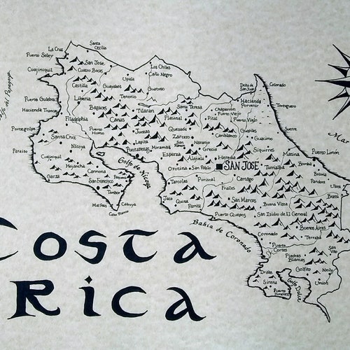 Costa Rica Hand Drawn Map - Etsy