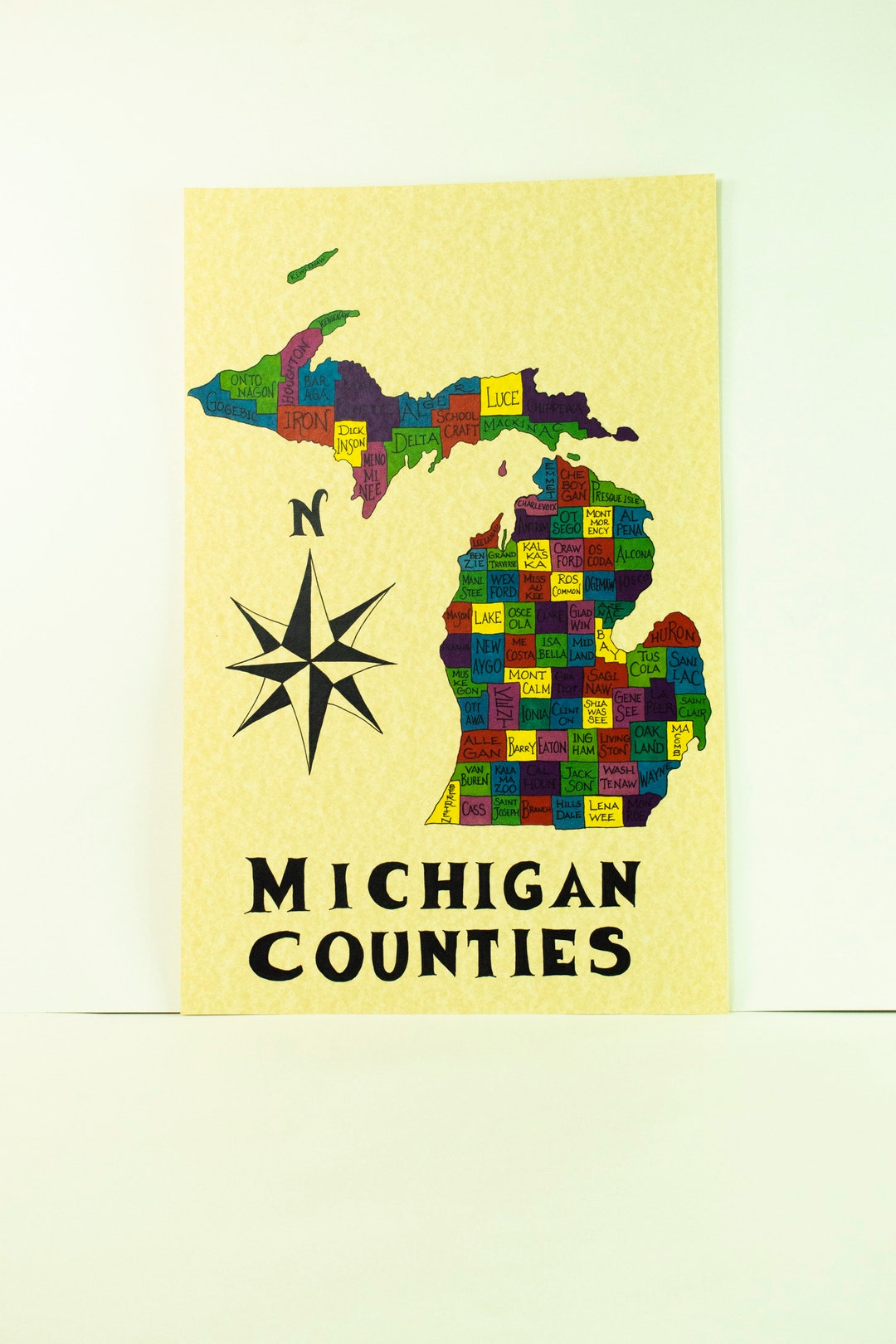 Michigan Counties Map 11x17 - Etsy