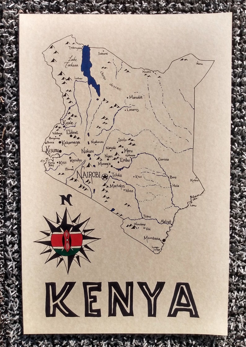 Kenya Hand Drawn Map 11x17 - Etsy