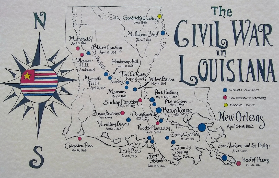 Louisiana Civil War Battles Map - Etsy