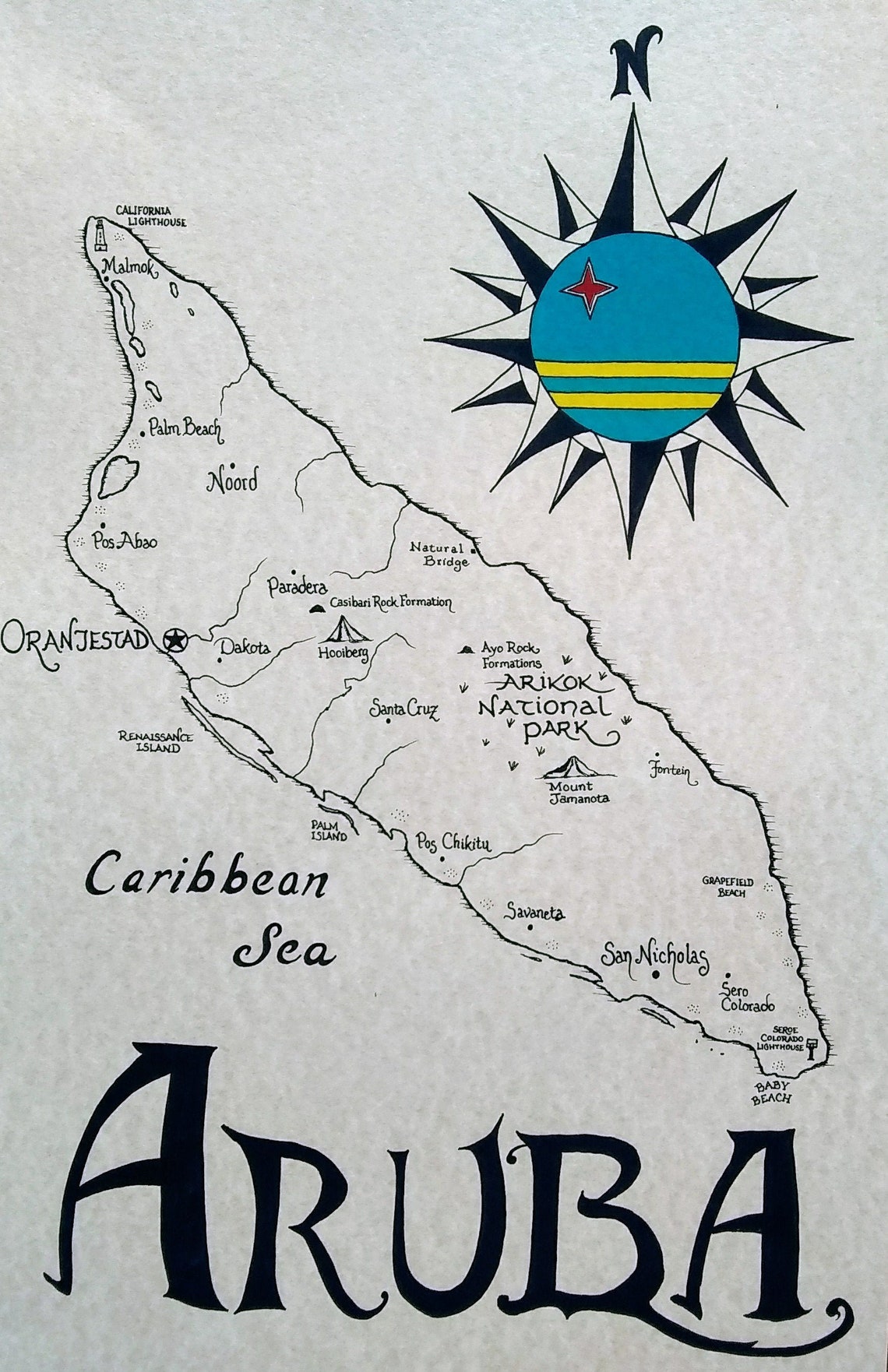 Aruba Hand Drawn Map - Etsy