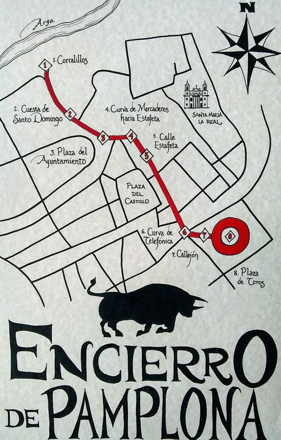 Encierro De Pamplona Map Running Of The Bulls Etsy