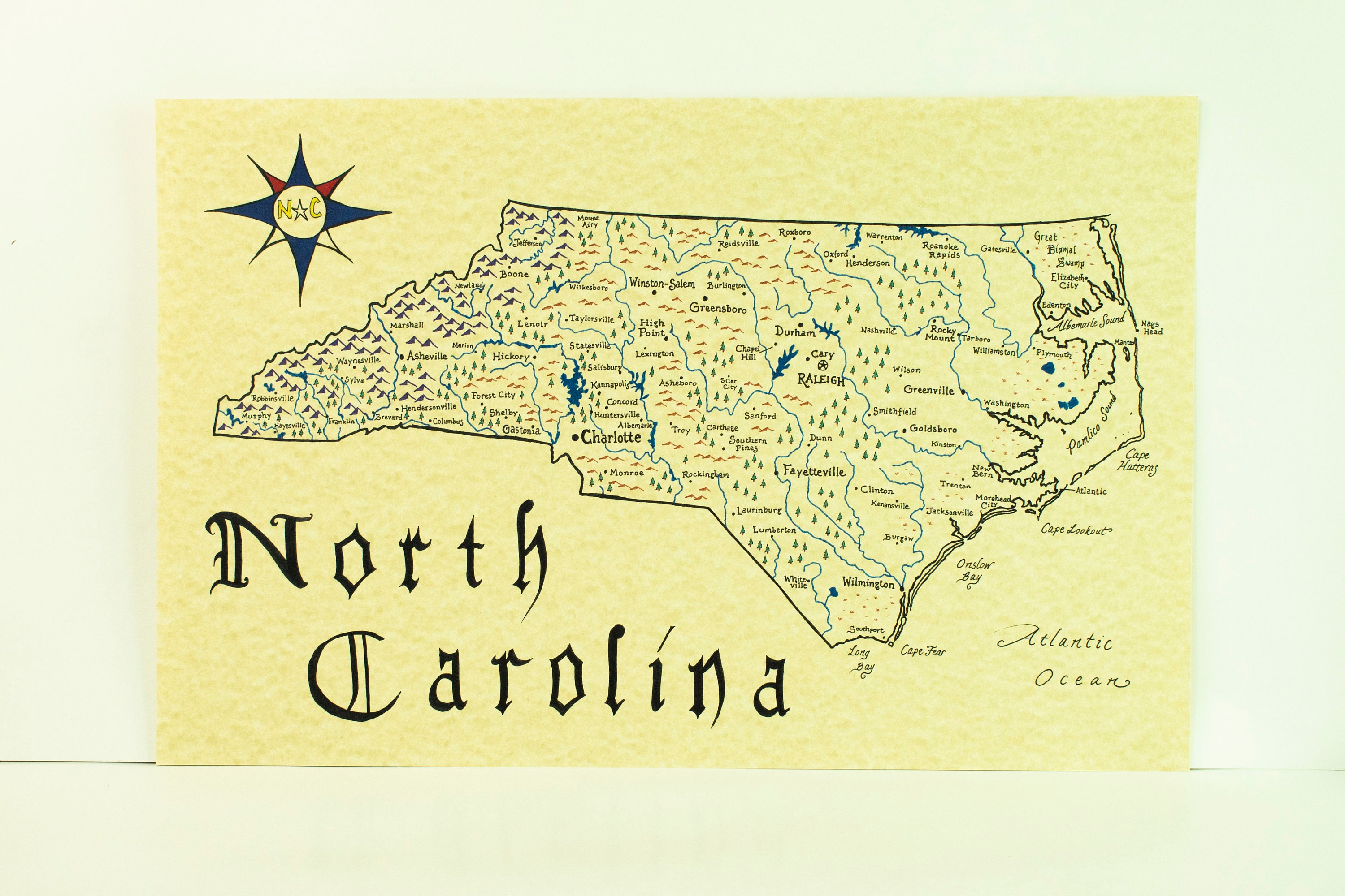 North Carolina Map Hand Drawn 11x17 - Etsy