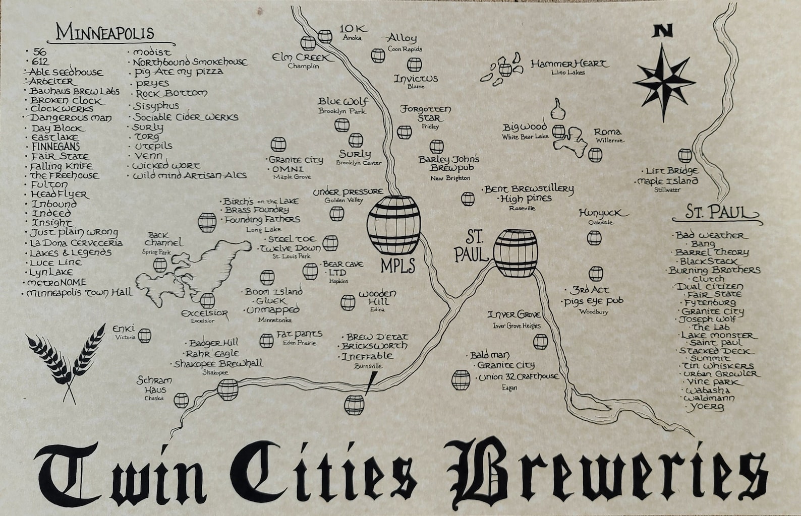Twin Cities Breweries Map Minnesota - Etsy UK