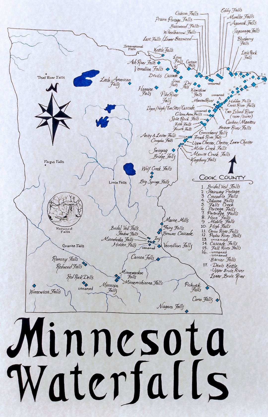Minnesota Waterfalls Map 11x17 In - Etsy