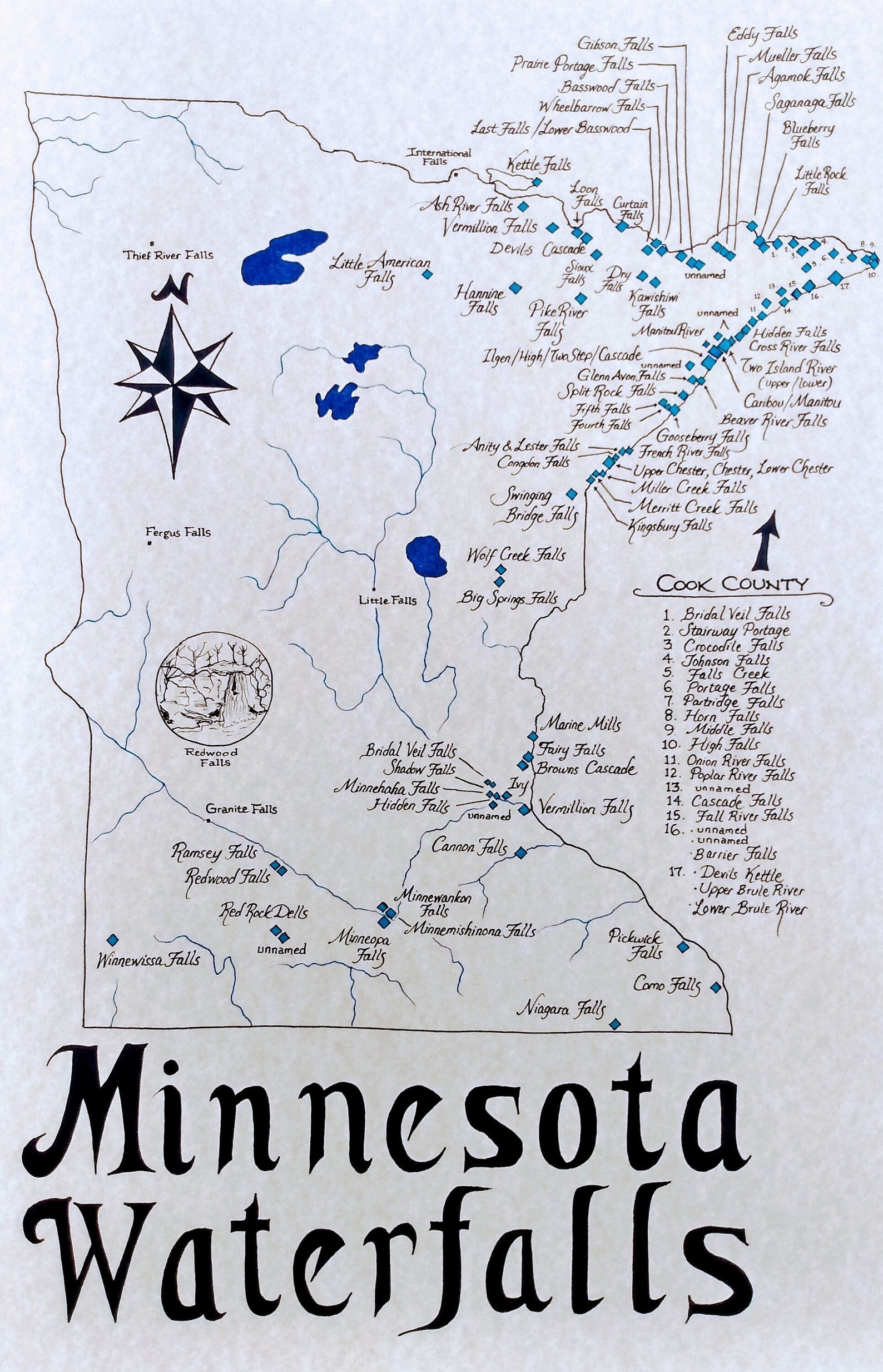 Minnesota Waterfalls Map 11x17 In - Etsy
