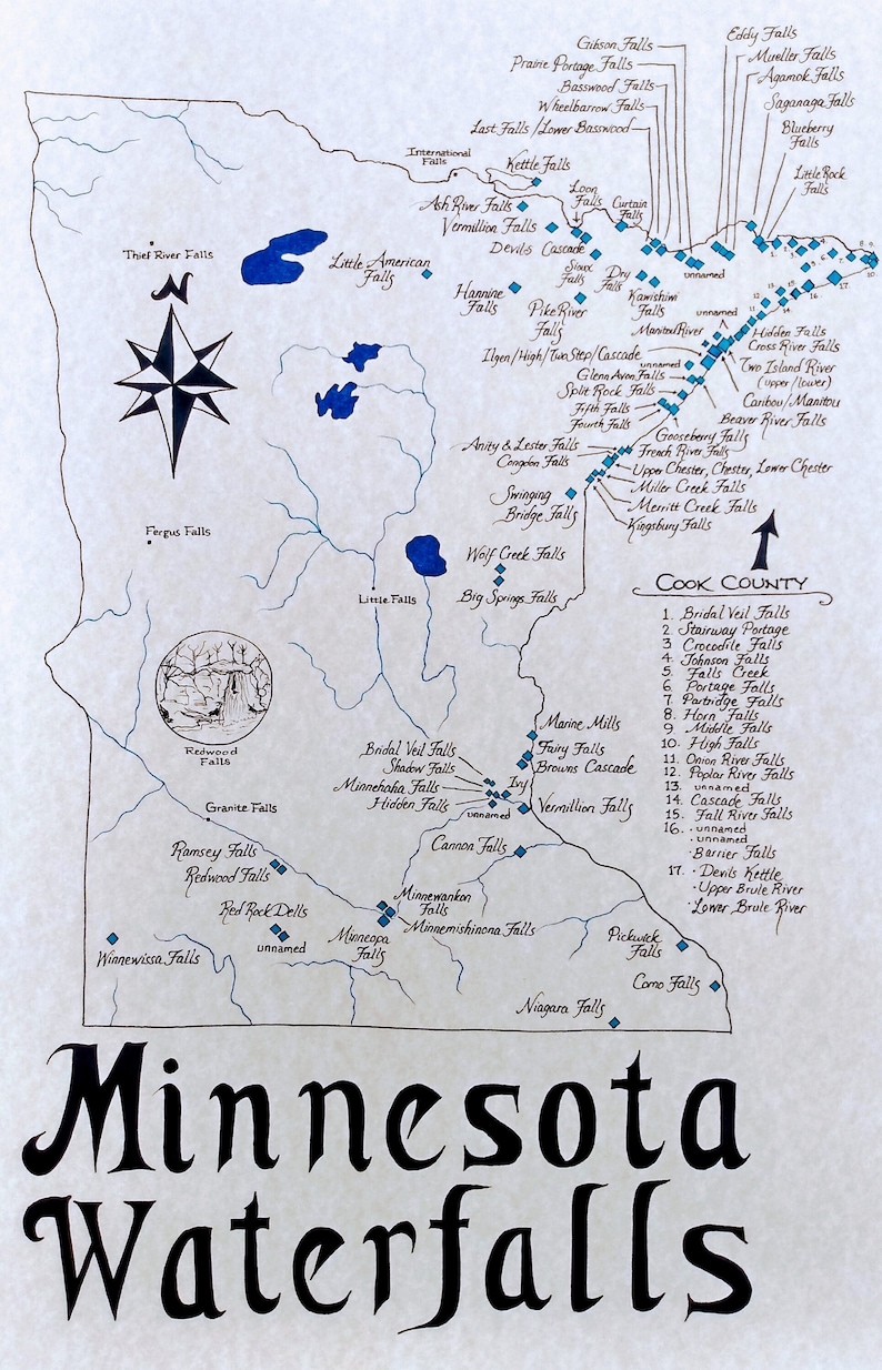 Minnesota Waterfalls Map 11x17 In - Etsy