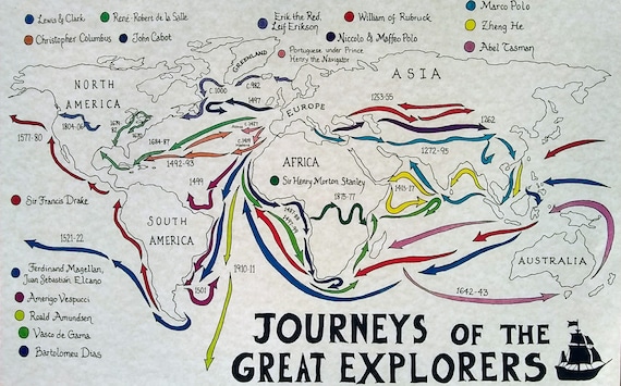 Great Explorers Hand Drawn Map | Etsy