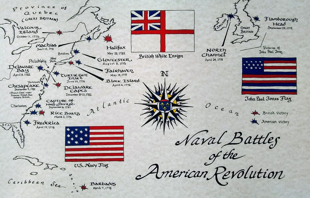 American Revolution Naval Battles Hand Drawn Map - Etsy