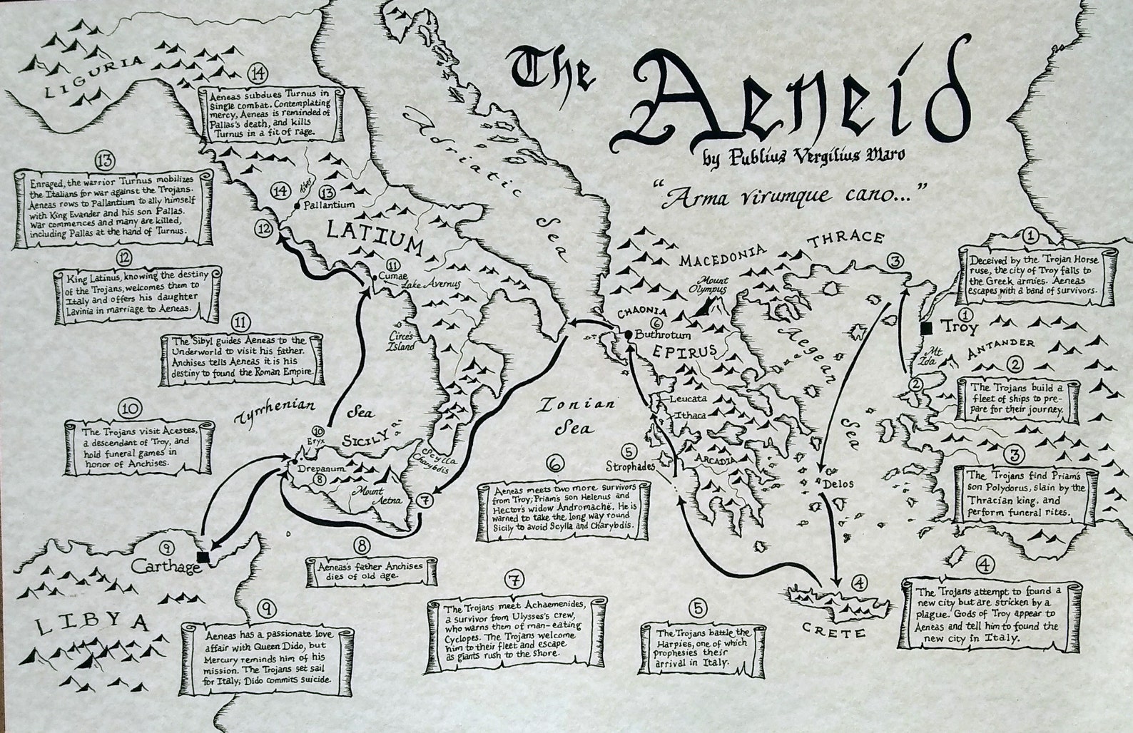 Virgil's Aeneid Hand Drawn Map - Etsy