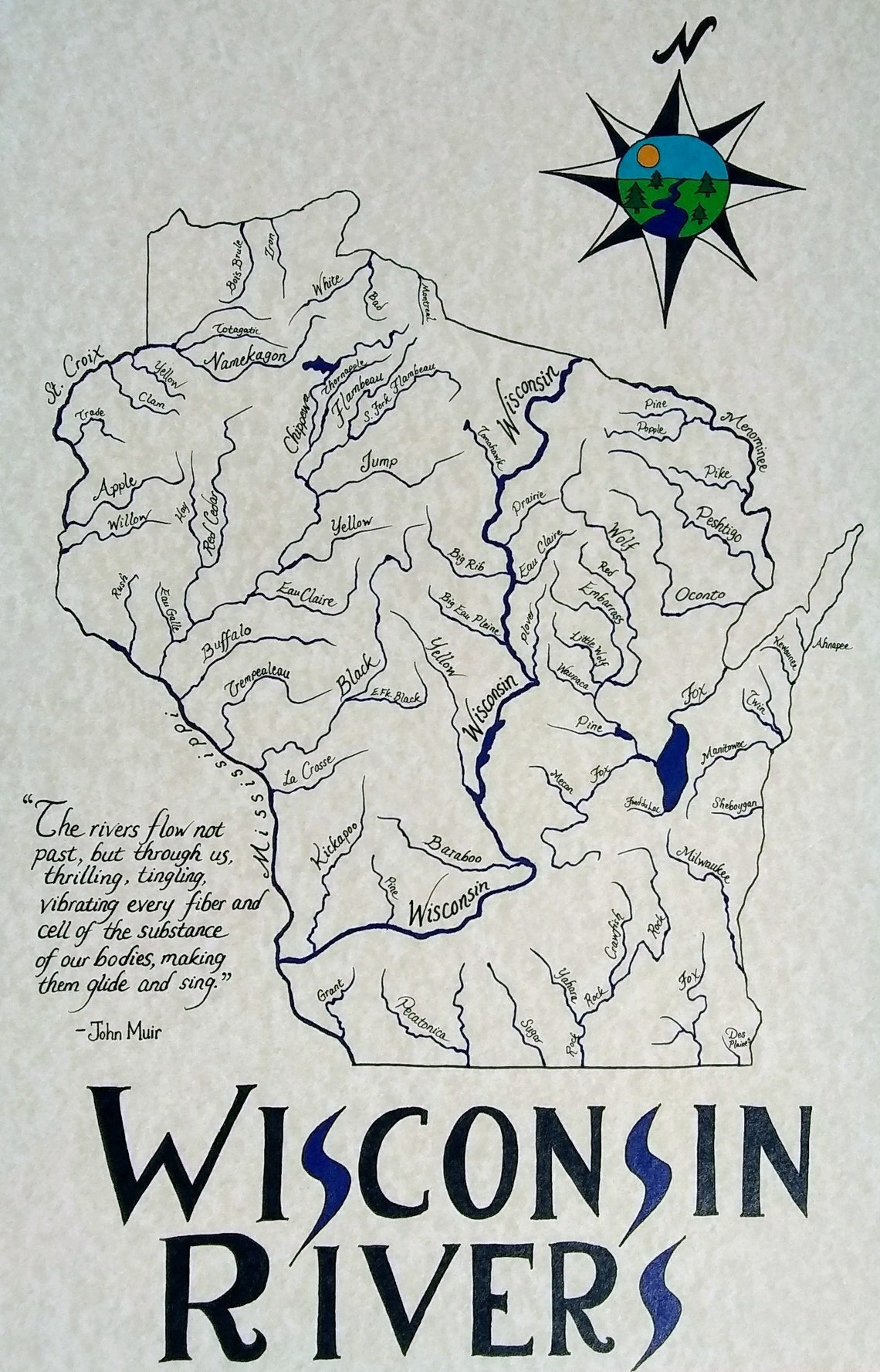 Wisconsin Rivers Map | Etsy