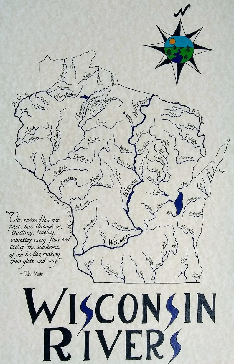 Wisconsin Rivers Map | Etsy