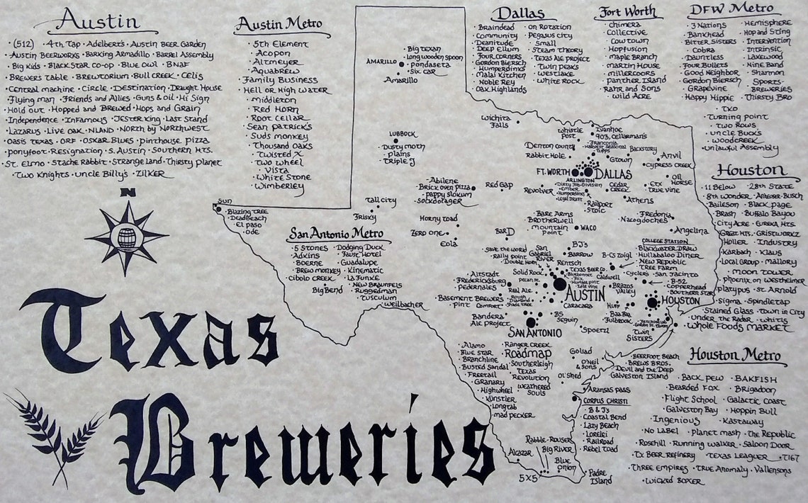 Texas Breweries Map - Etsy
