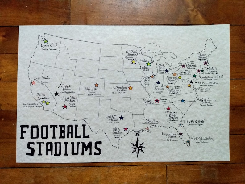 Football Stadiums Map U.S. - Etsy