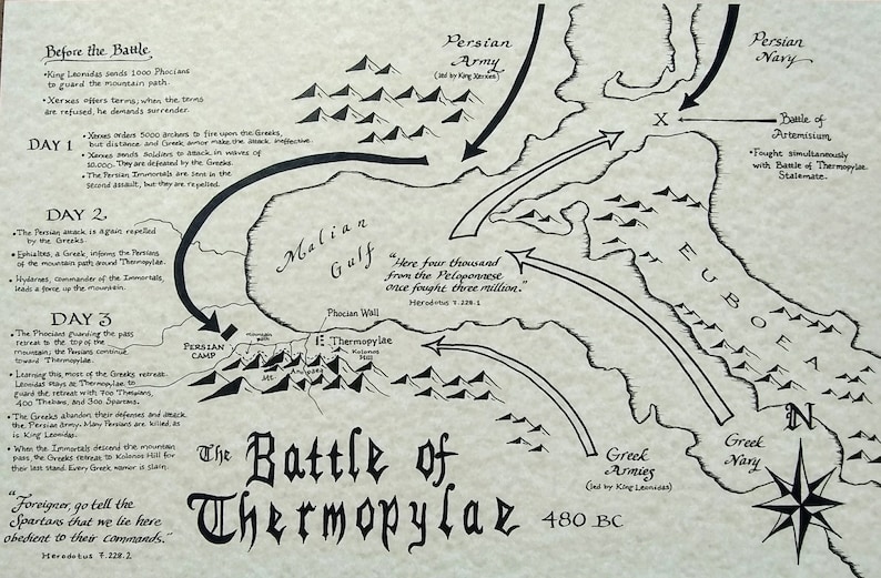 Battle of Thermopylae Hand Drawn Map | Etsy