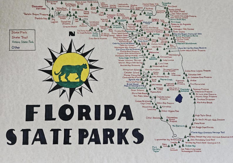 Florida State Parks Map 11x17 Hand Drawn - Etsy