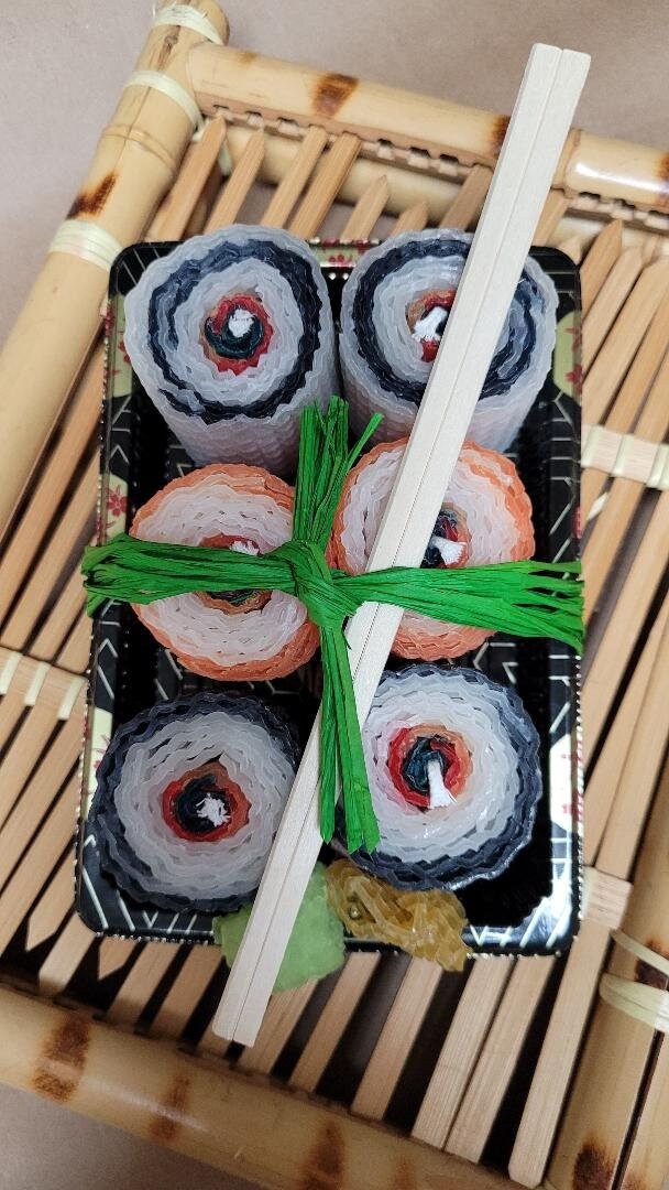 Sushi Beeswax Candles in a Sushi Container With Chopsticks and Wasabi ...