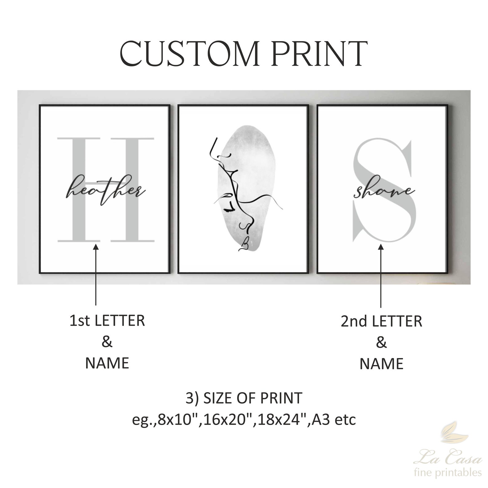 Personalised Couple Name Initial Face Kissing Digital Set of 3,woman ...